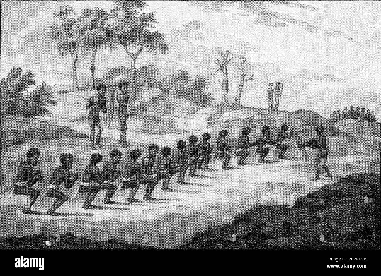 Kangaroo dance among Australian natives, vintage engraved illustration ...