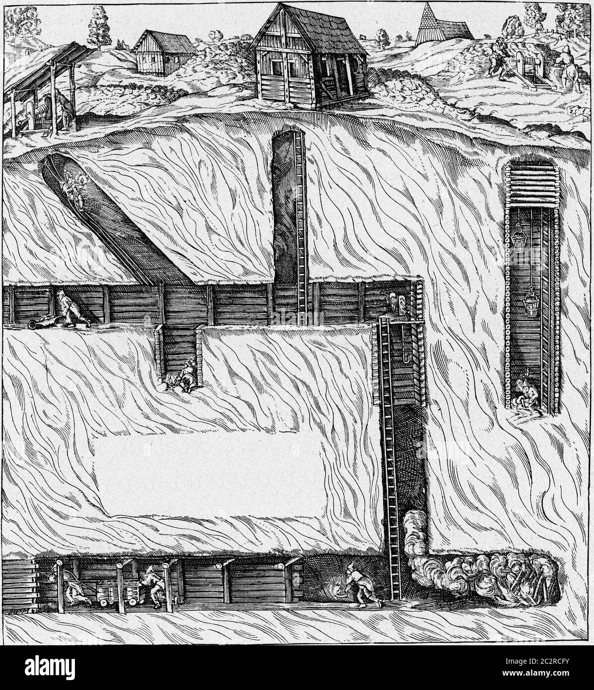 Drilling a well and galleries in an old mine, vintage engraved ...