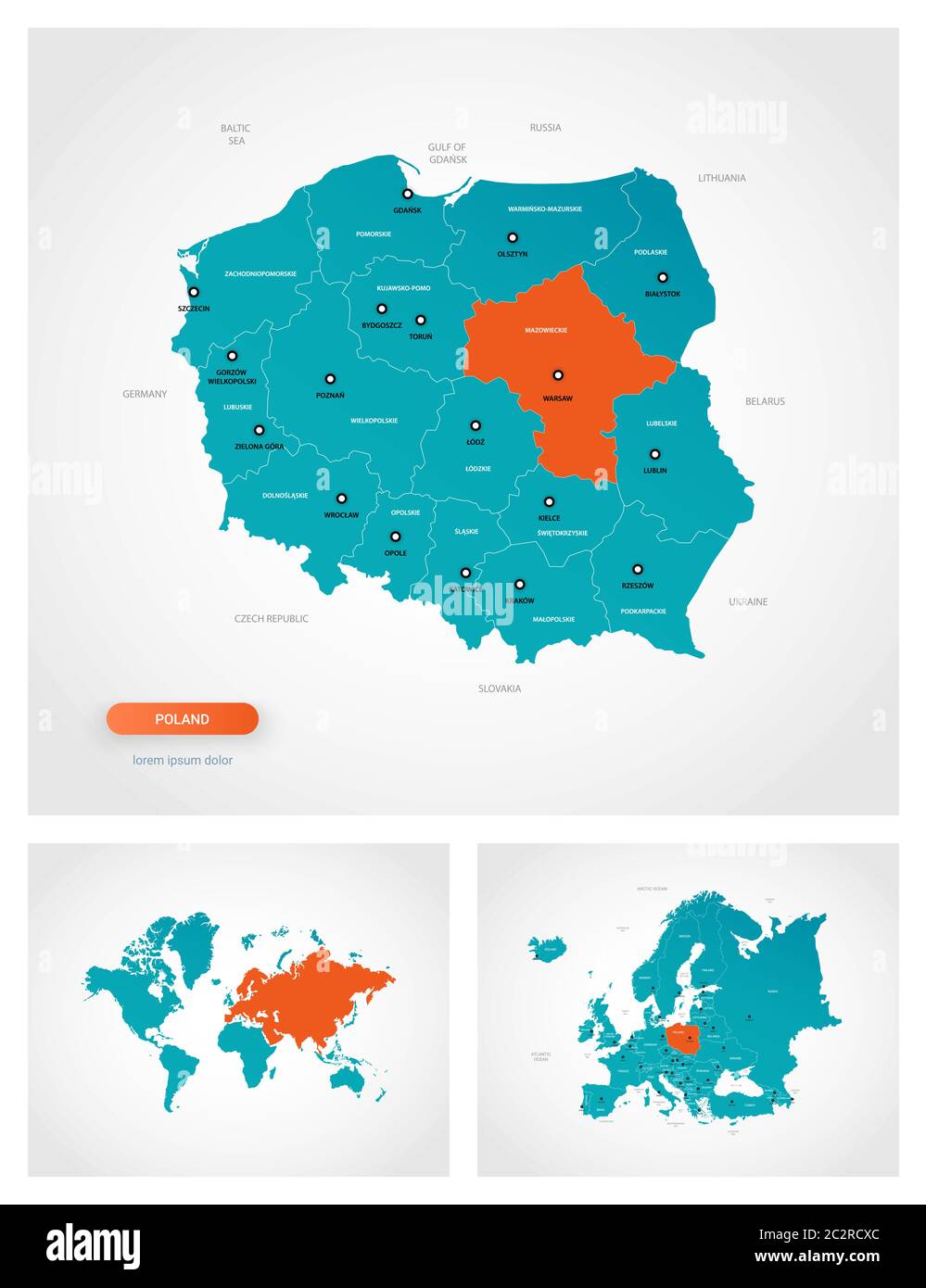Editable template of map of Poland with marks. Poland on world map and ...