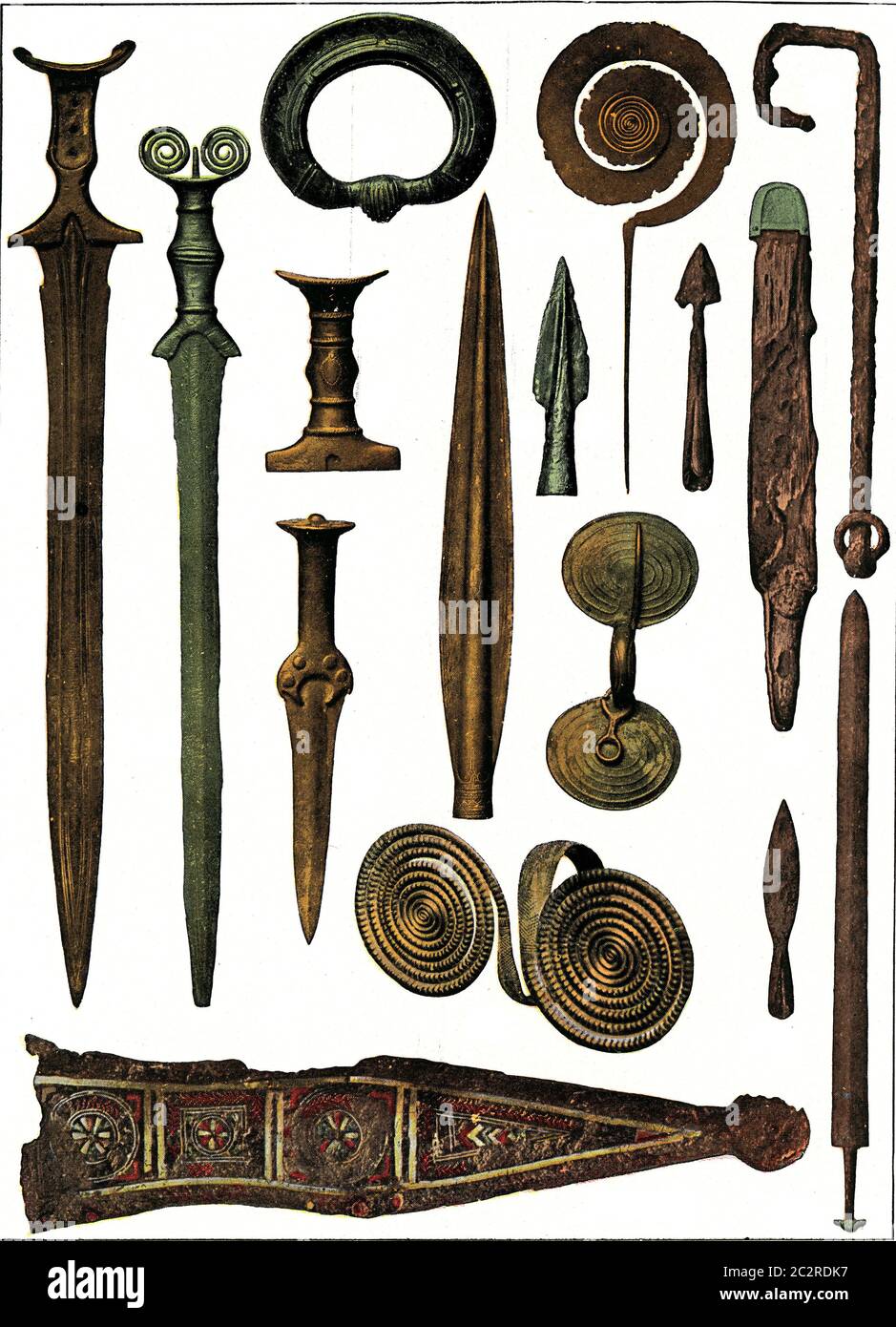 Weapons and ornaments of bronze and iron, vintage engraved illustration ...