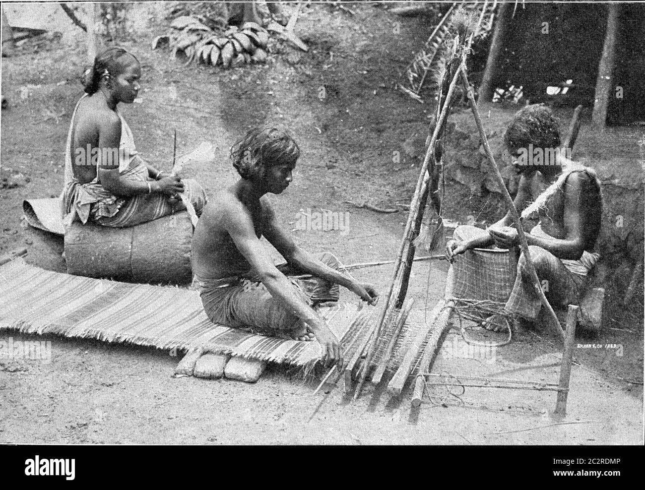 Ceylon Tamils spinning and braiding mats, vintage engraved illustration ...