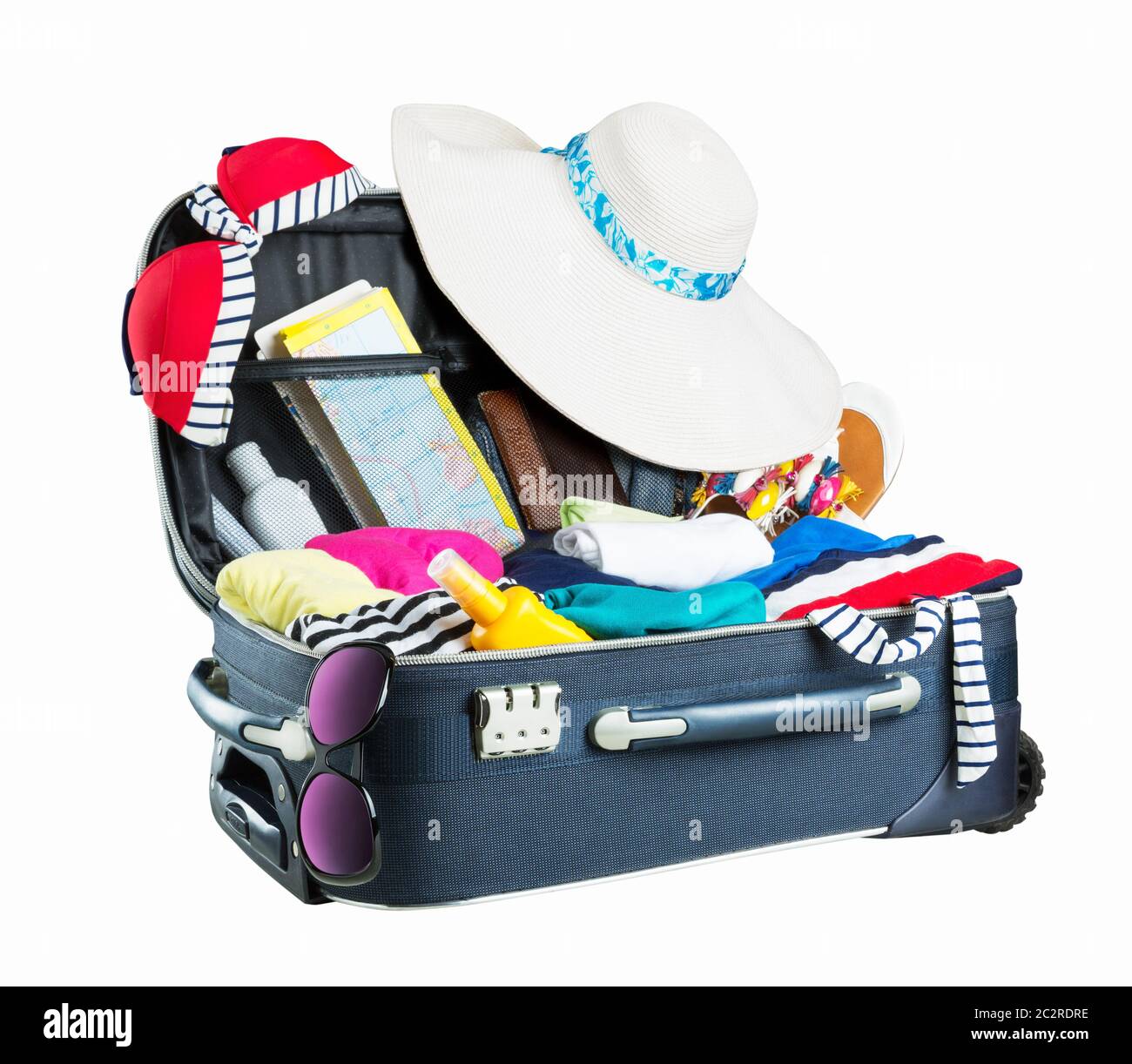 Open suitcase full of clothing. Ready for vacations. Isolated on white ...