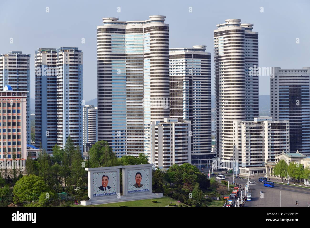 Pyongyang, North Korea - April 29, 2019: View of the downtown Pyongyang ...