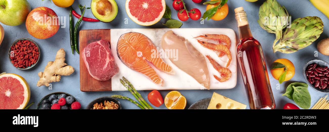 Food, panoramic top-down shot. Meat, fish, chicken and shrimps ...