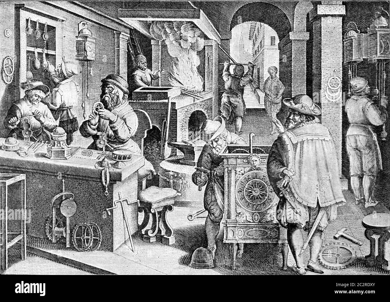 Clock workshop in the sixteenth century, vintage engraved illustration ...