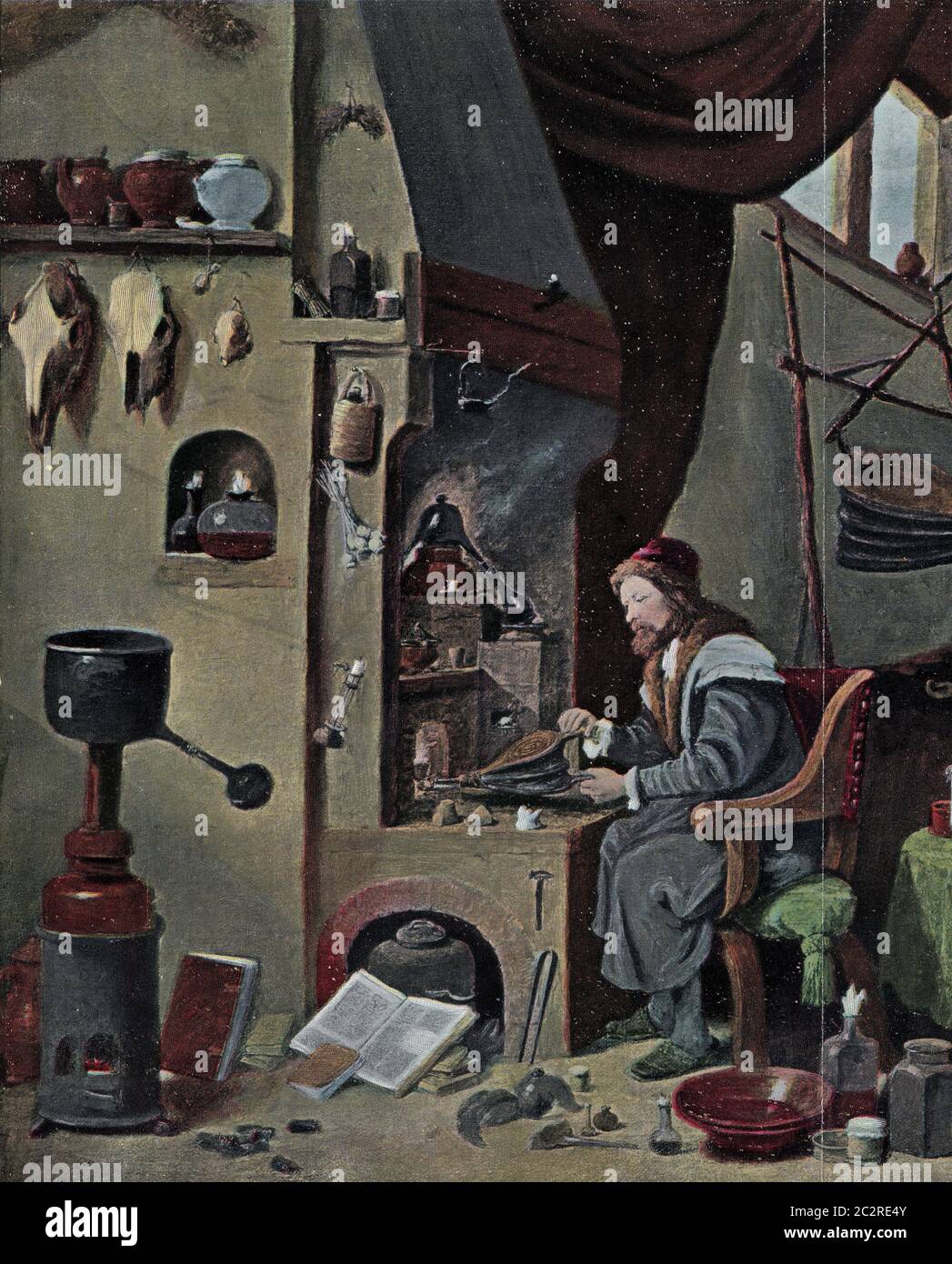 An alchemist laboratory in the 17th century, vintage engraved ...