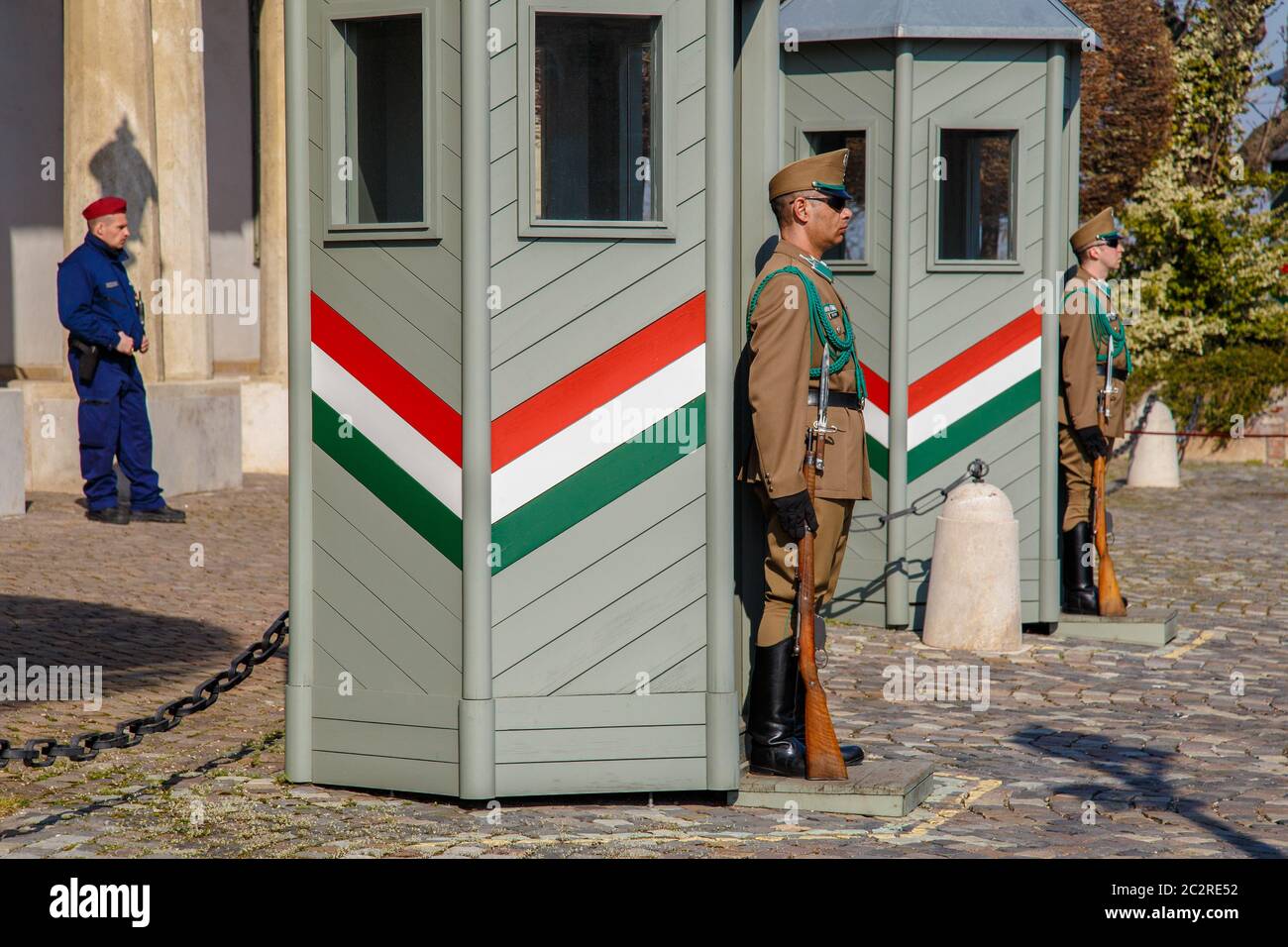 Budapest, Hungary, March 22 2018: Armed presidential guard on the Buda ...