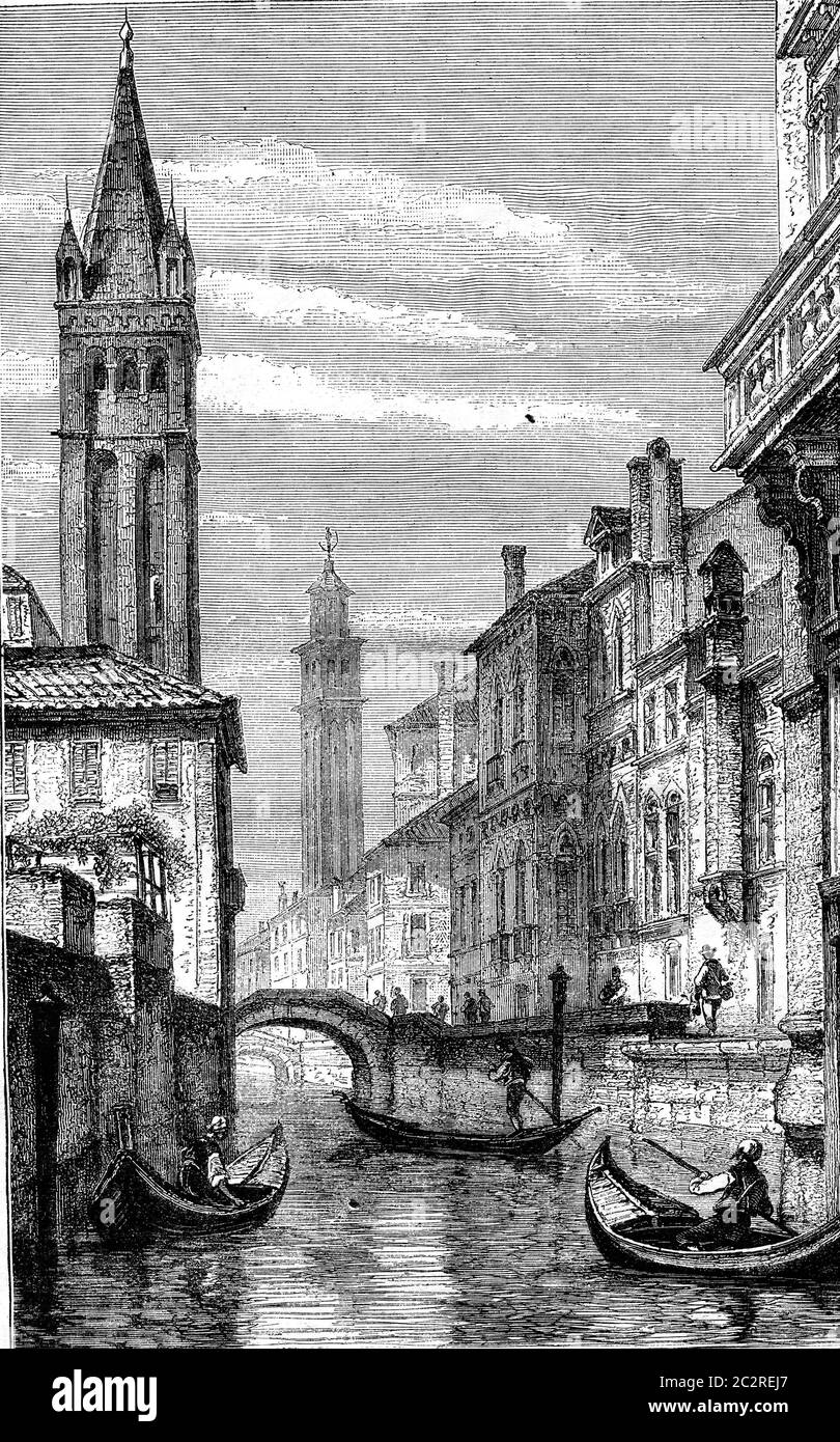 The Rezzonico palace in Venice, vintage engraved illustration. Magasin ...