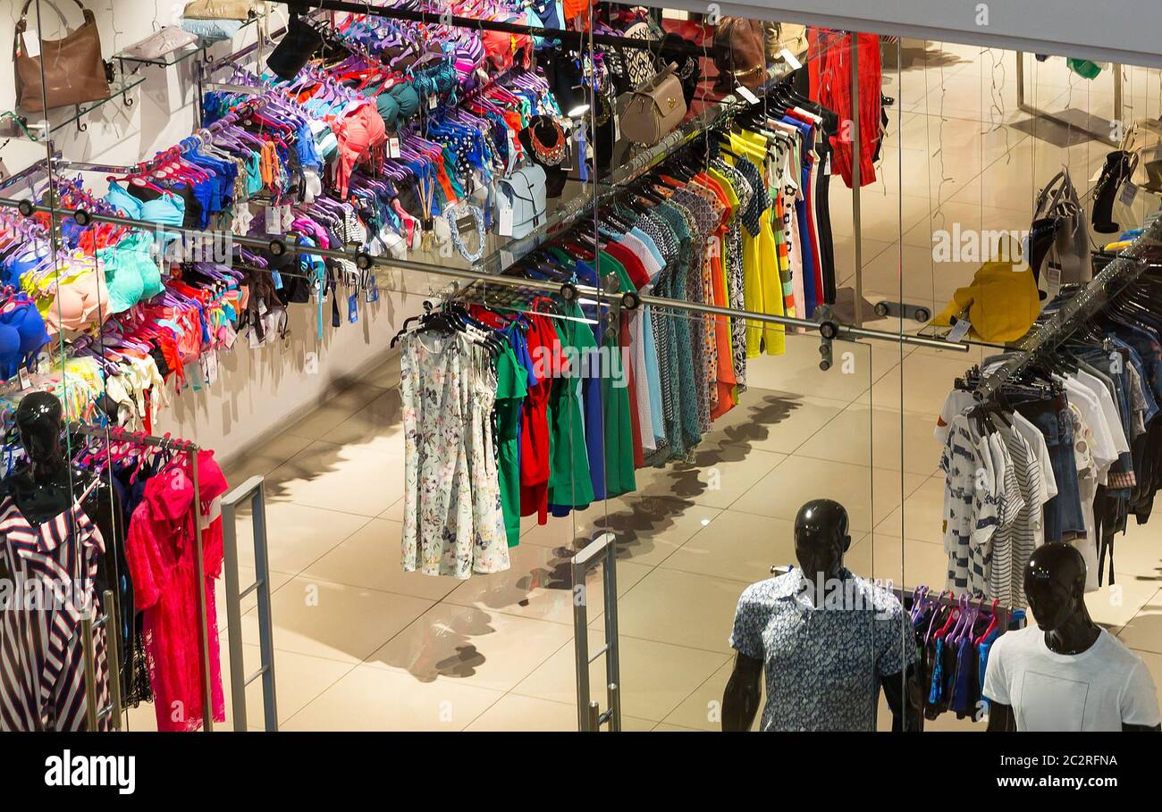 Fashion clothing store, top view nobody. Dress boutique Stock Photo - Alamy