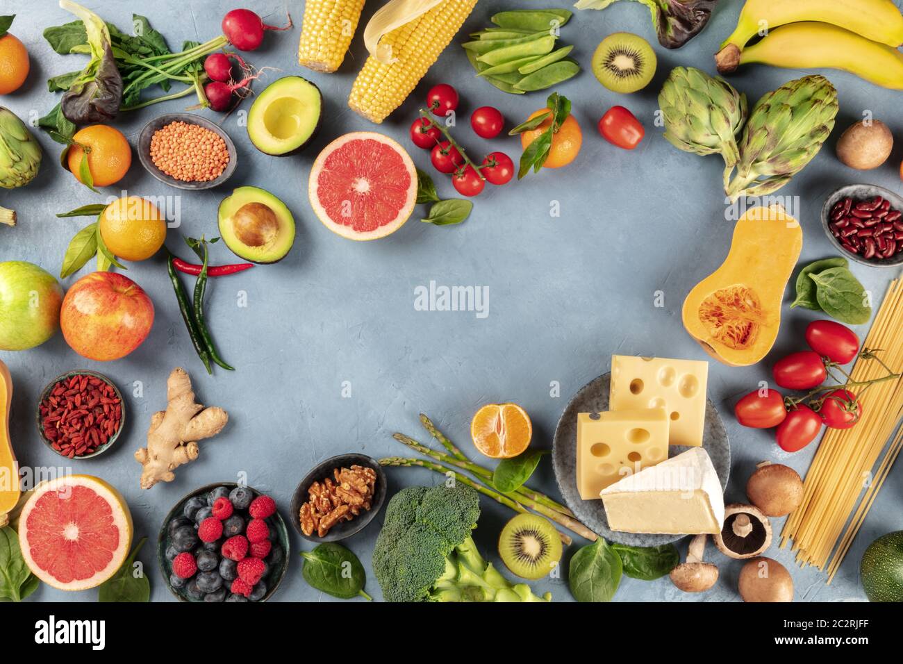 Food, overhead shot of many different products, with vegetables and ...