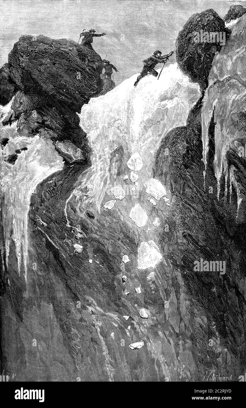 One wrong step at the Pointe des Ecrins, vintage engraved illustration ...