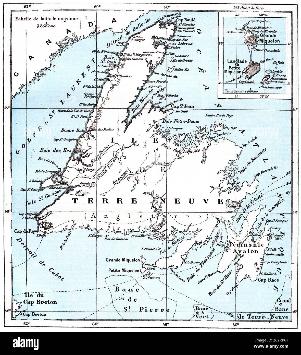 Map of Saint Pierre and Miquelon, vintage engraved illustration ...