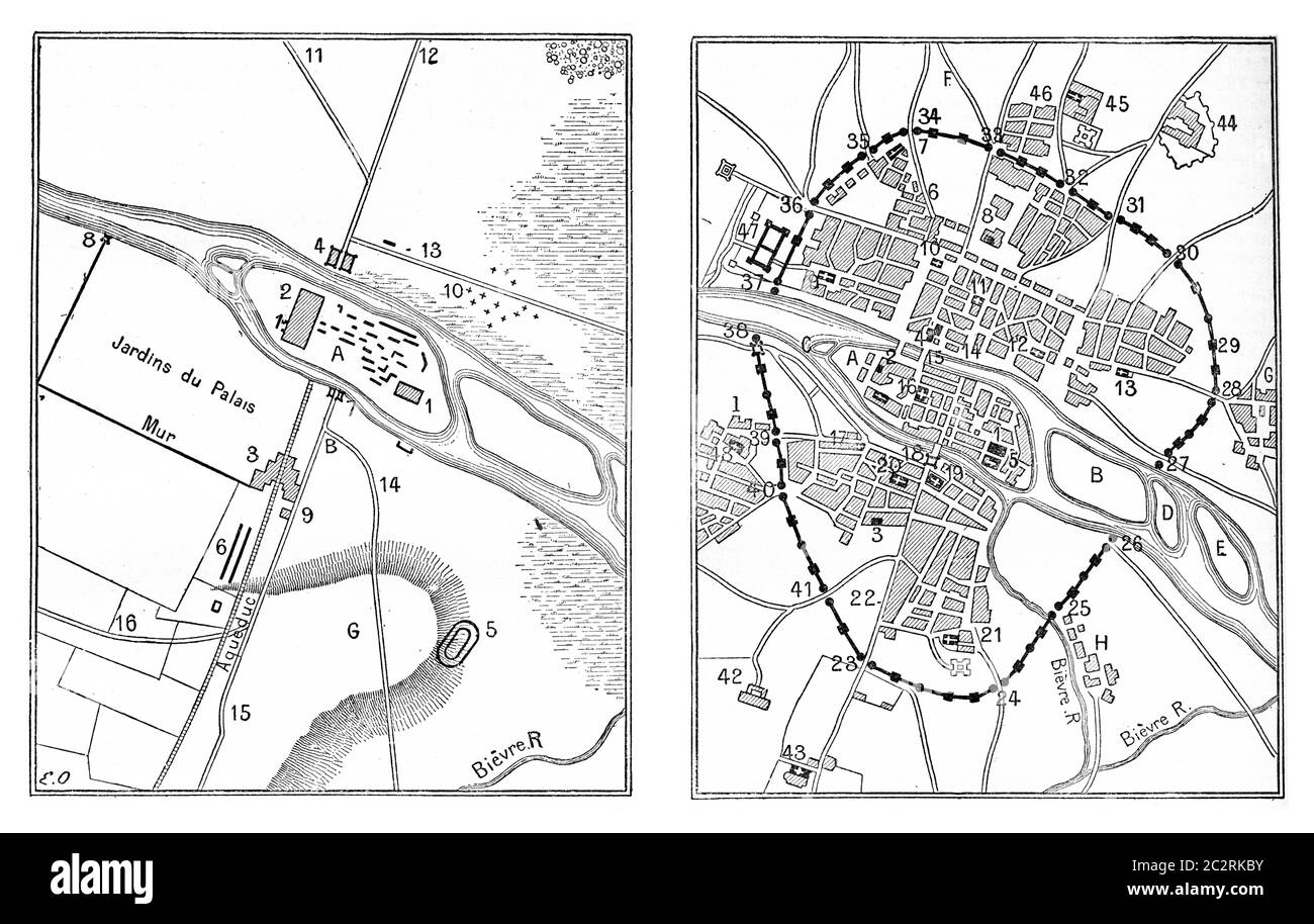 Map of Paris Gallo-Roman, vintage engraved illustration. Dictionary of ...