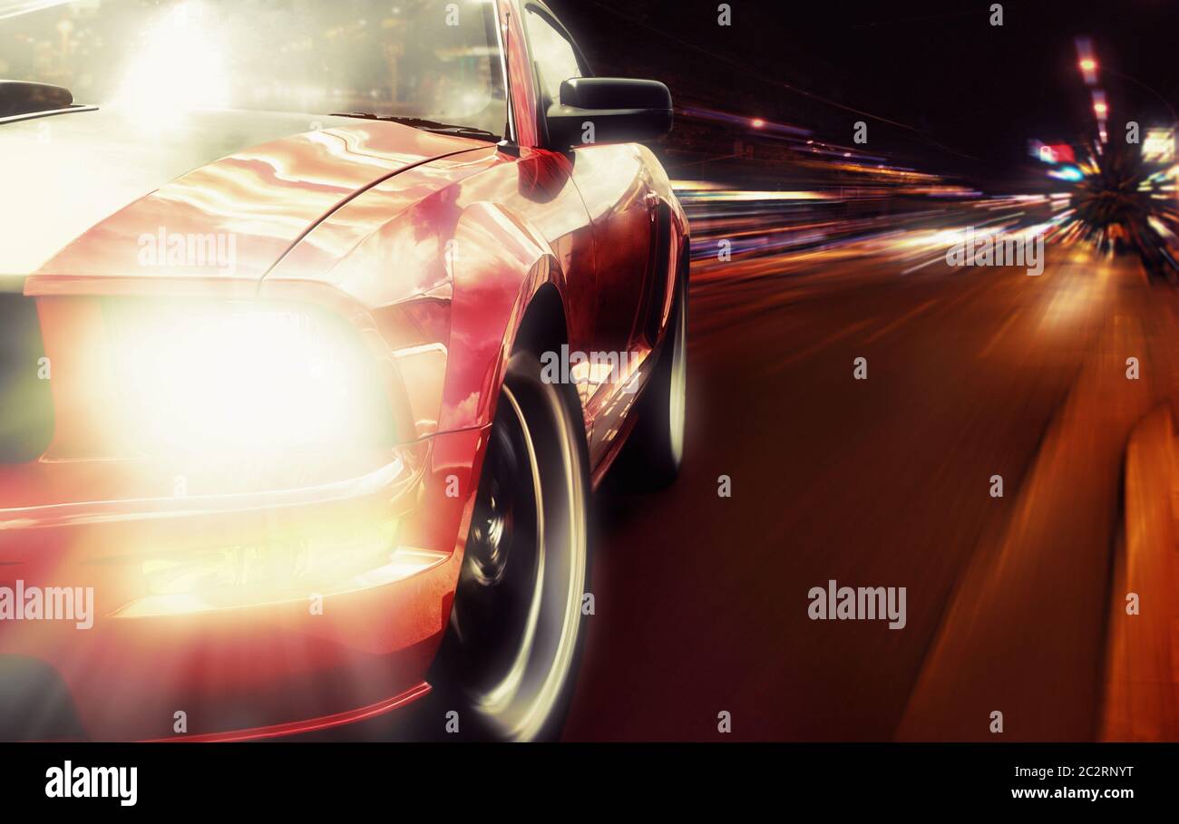 Red sport car closeup picture on a narrow night road Stock Photo - Alamy