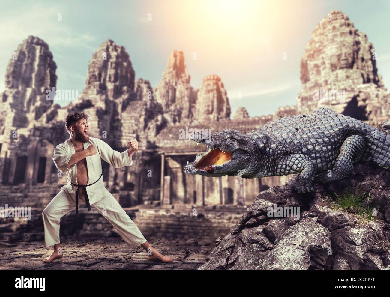 Karateka in white kimono fights with giant alligator Stock Photo - Alamy