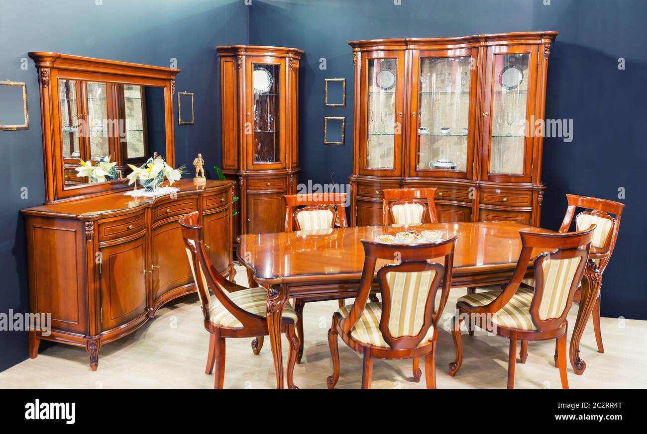 Side view of a vintage living room with wooden furniture Stock Photo ...