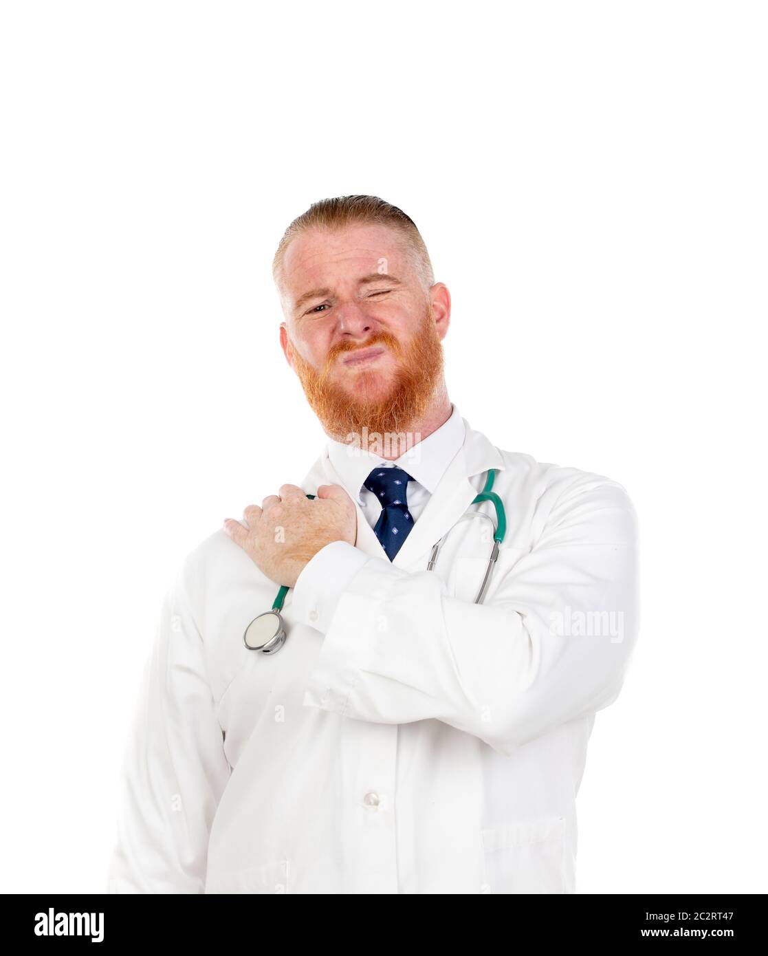 Redhead doctor suffering backache isolated on a white background Stock ...