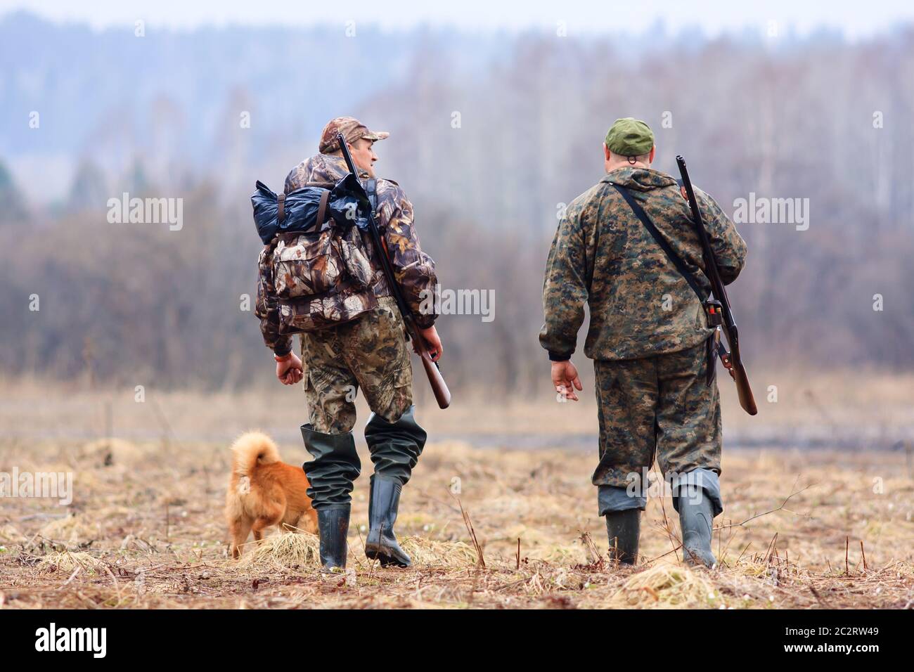 two hunters and dog on the field Stock Photo - Alamy