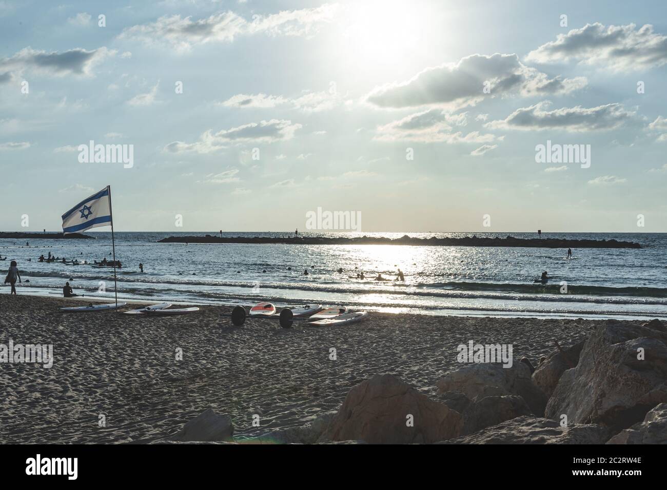 Tel Aviv/Israel-10/10/18: Israeli flag waving on the beach in Tel Aviv ...