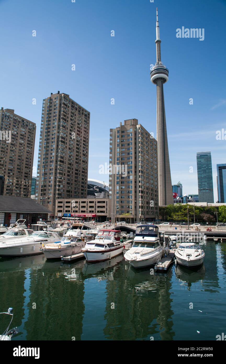 Cityscape of Toronto marina with skyscrapers and CN tower, Toronto ...