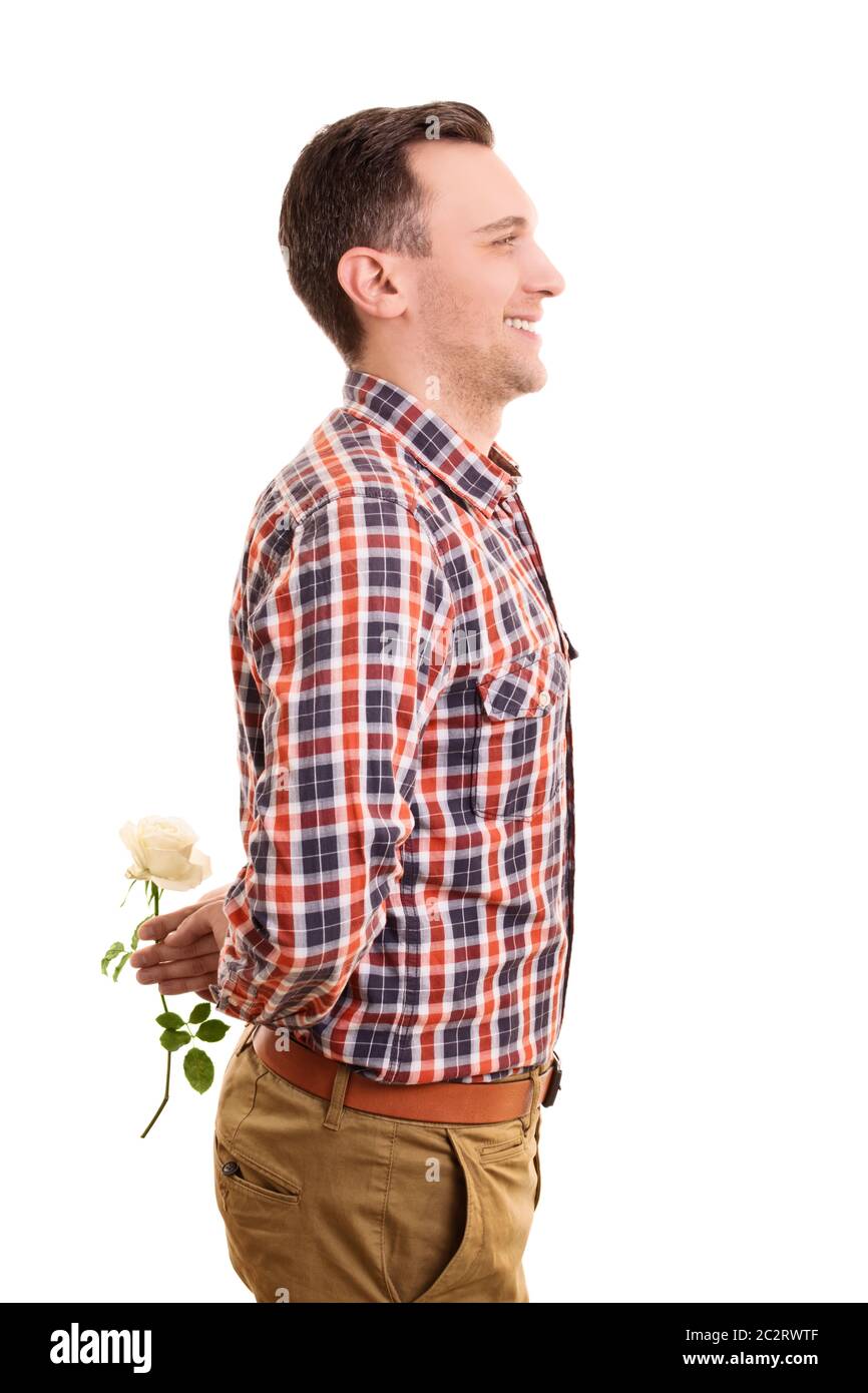 Valentine's Day concept. Portrait of a romantic stylish handsome young ...