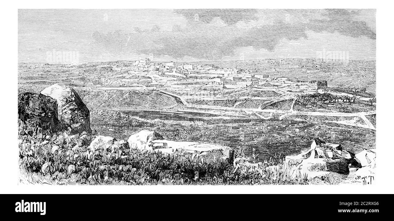 Town of Beitin in West Bank, Israel, vintage engraved illustration. Le ...