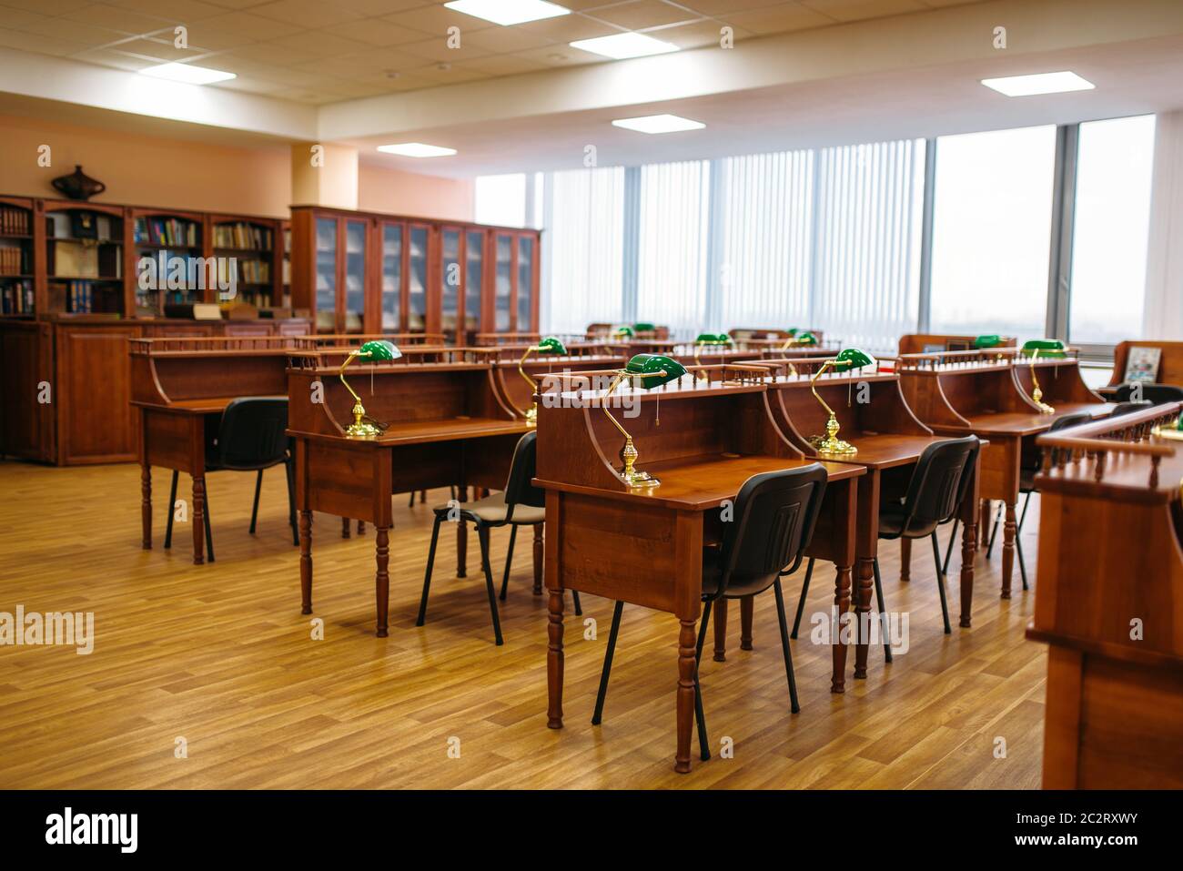 Empty reading room, rows of tables in library, nobody. Knowledge ...