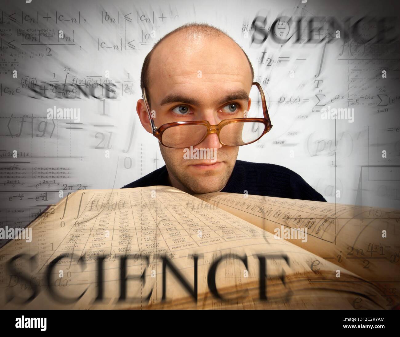 Pensive scientific mathematician with open book looking through time ...