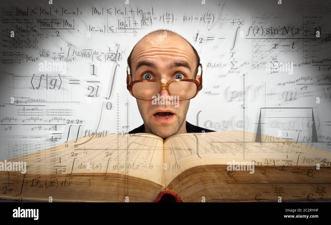 Surprised scientific mathematician with glasses and open book Stock ...