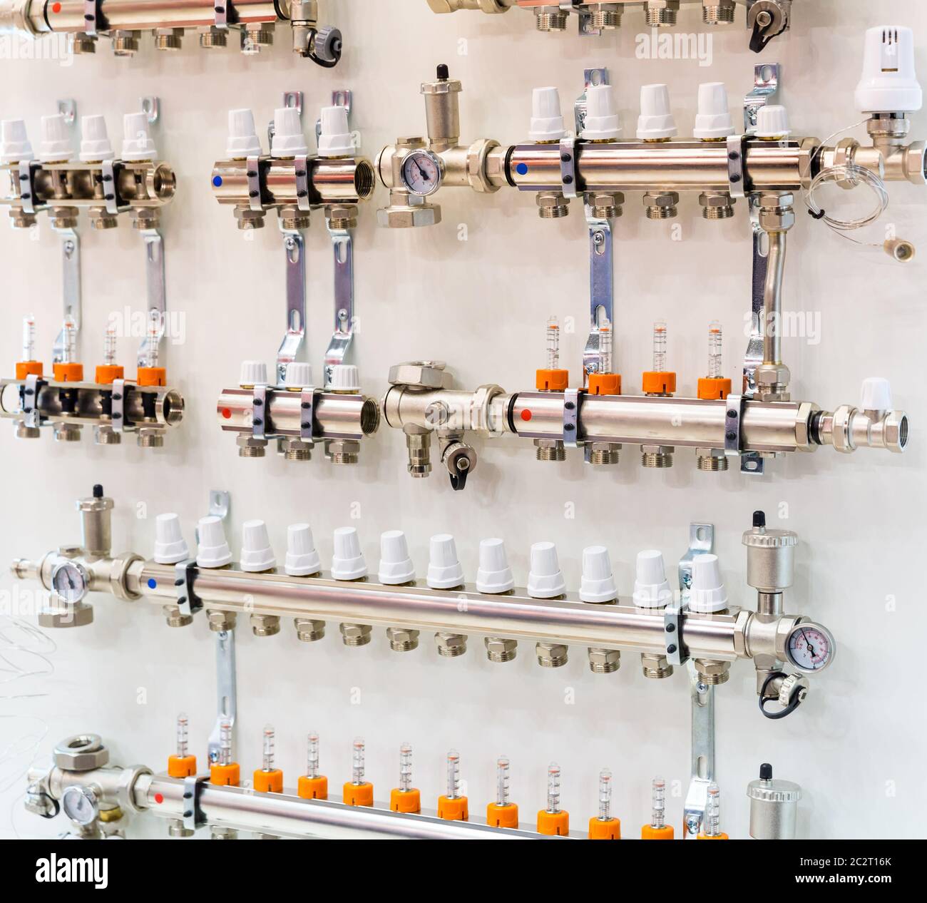 Floor heating collectors, plumbing shop. Hydraulic climate system Stock ...