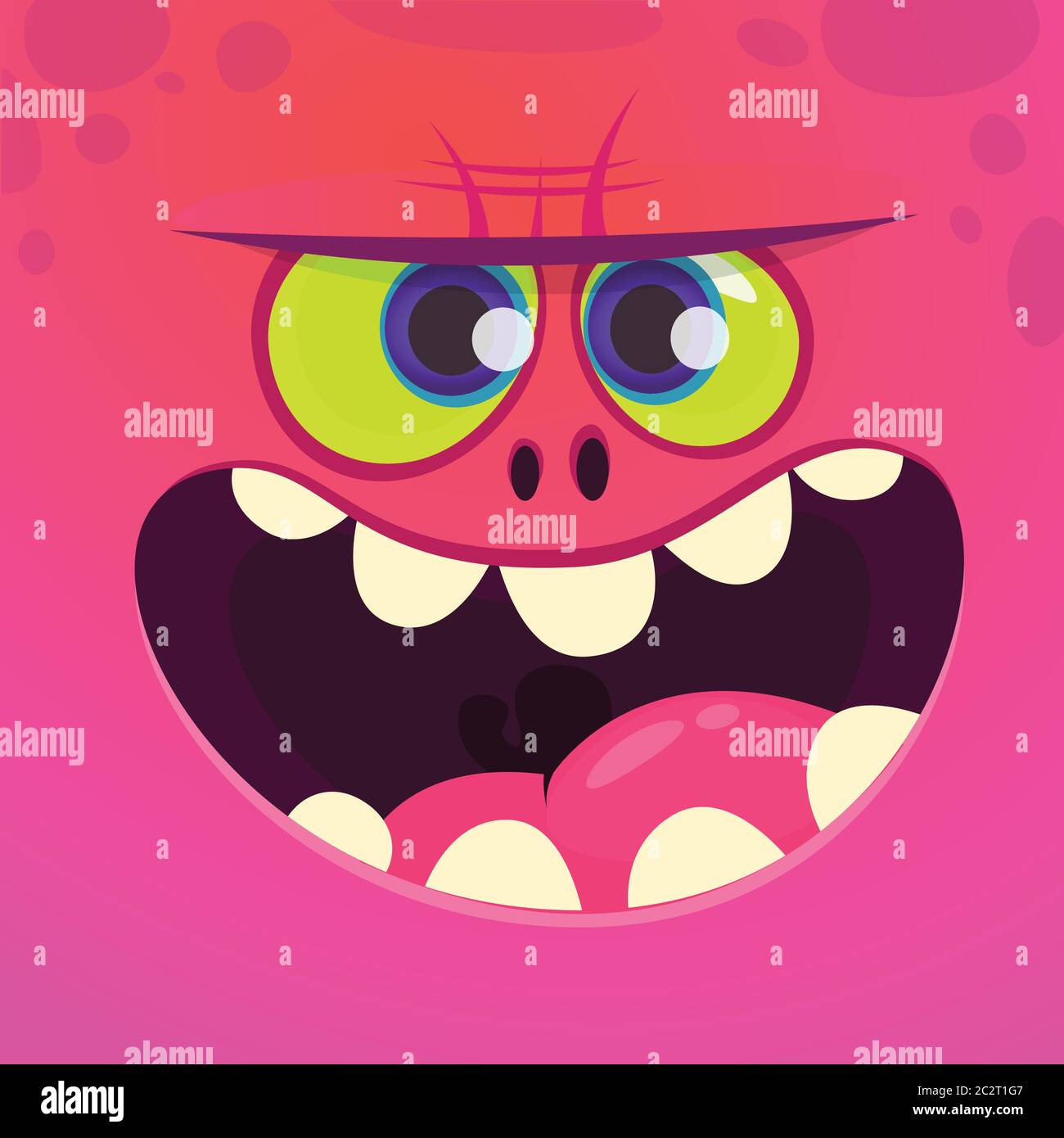 Angry cartoon monster face with big smile. Vector Halloween pink ...