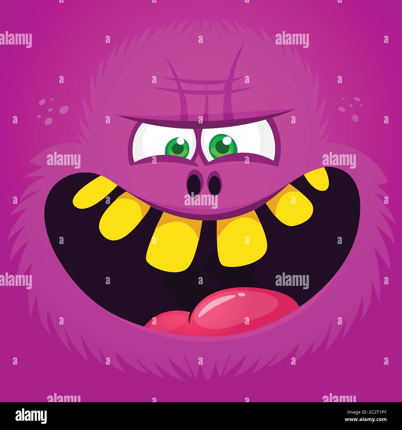Angry cartoon hairy monster face avatar. Vector Halloween pink monster ...