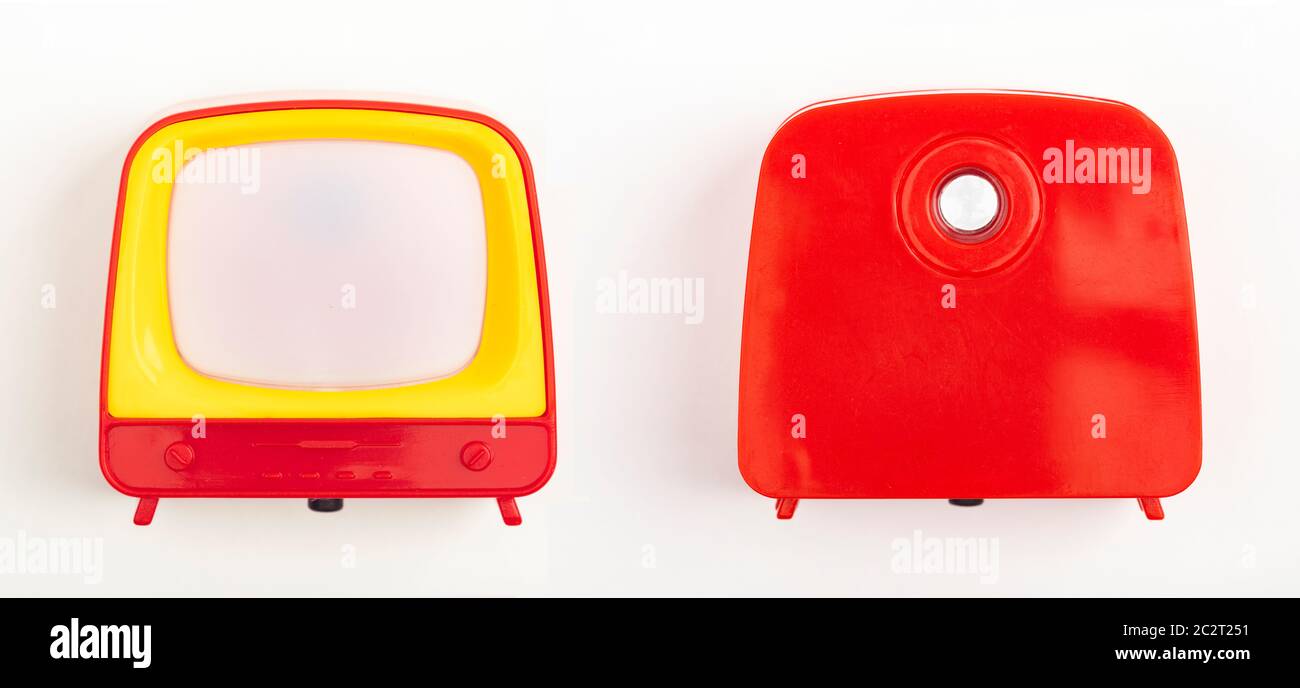 Front and backside from miniature Toy Television on white background ...