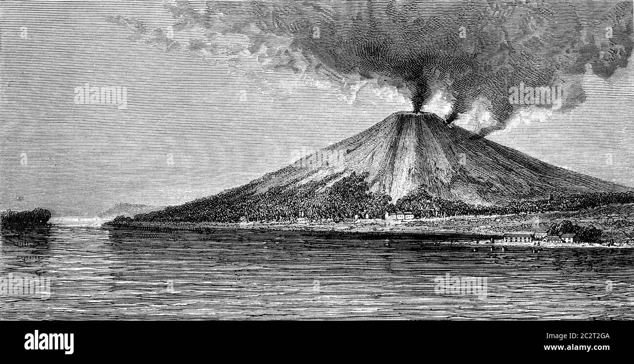 The volcano in Banda, vintage engraved illustration. Le Tour du Monde ...