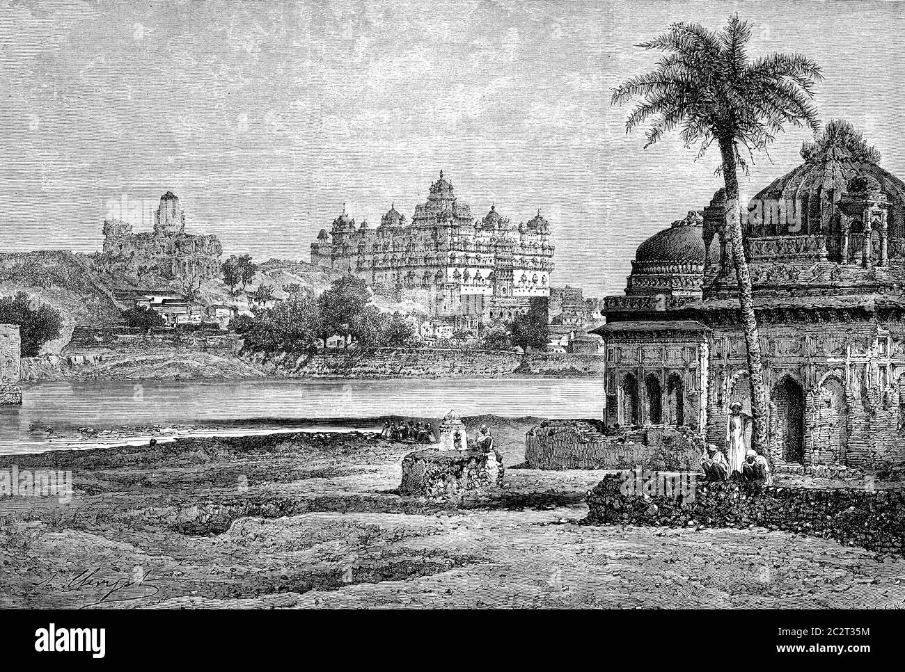 Duttiah view taken from our bungalow, vintage engraved illustration. Le ...