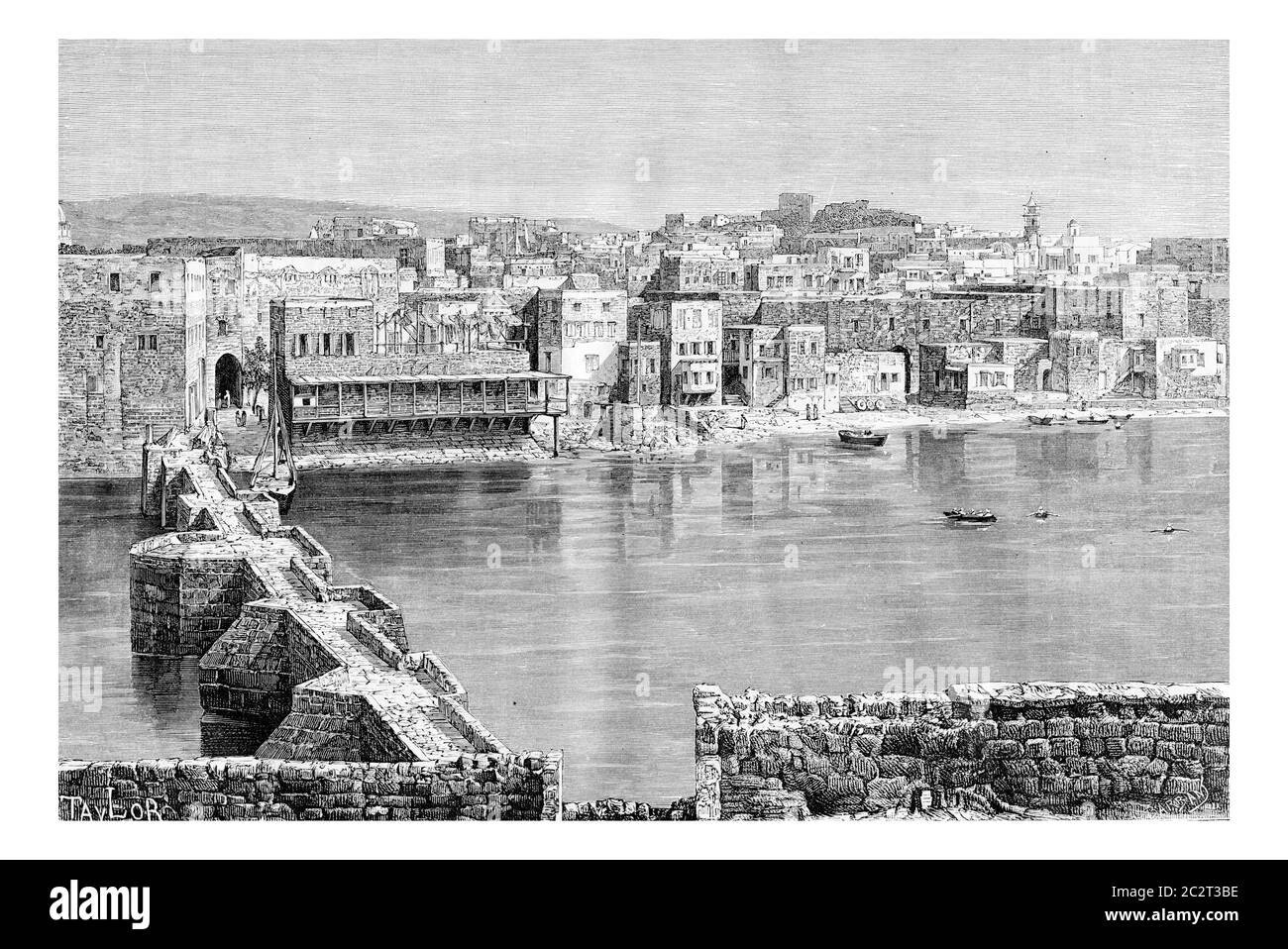 Northern Port of Sidon in Lebanon, vintage engraved illustration. Le ...