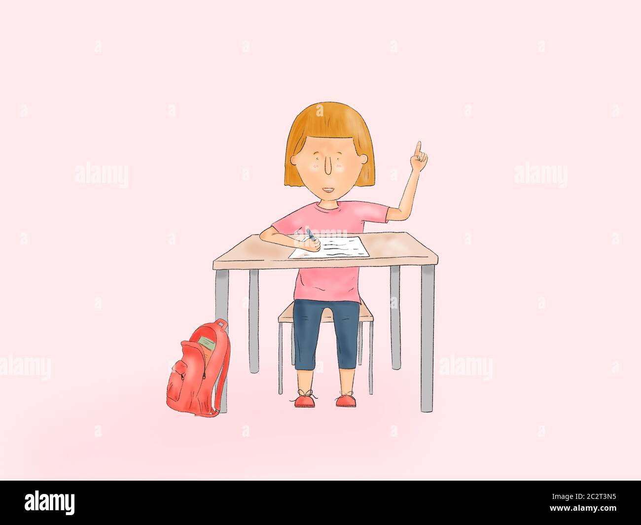 Hand drawn illustration of a kid pointing up on a school desk - Back to ...