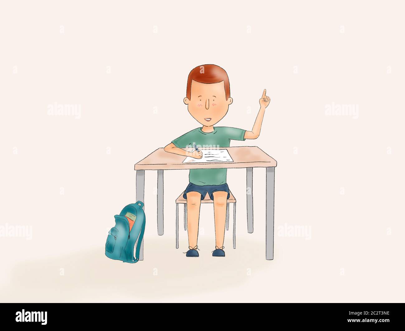 Hand drawn illustration of a kid pointing up on a school desk - Back to ...
