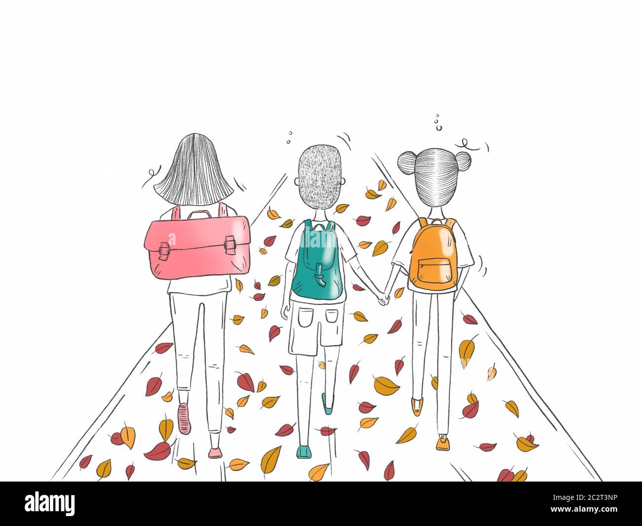 Hand drawn illustration of a group of student returning to school in ...