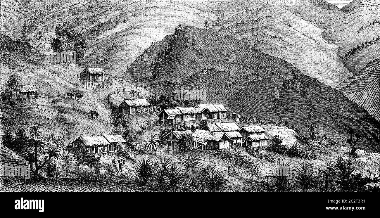 Village of Cholera, vintage engraved illustration. Le Tour du Monde ...