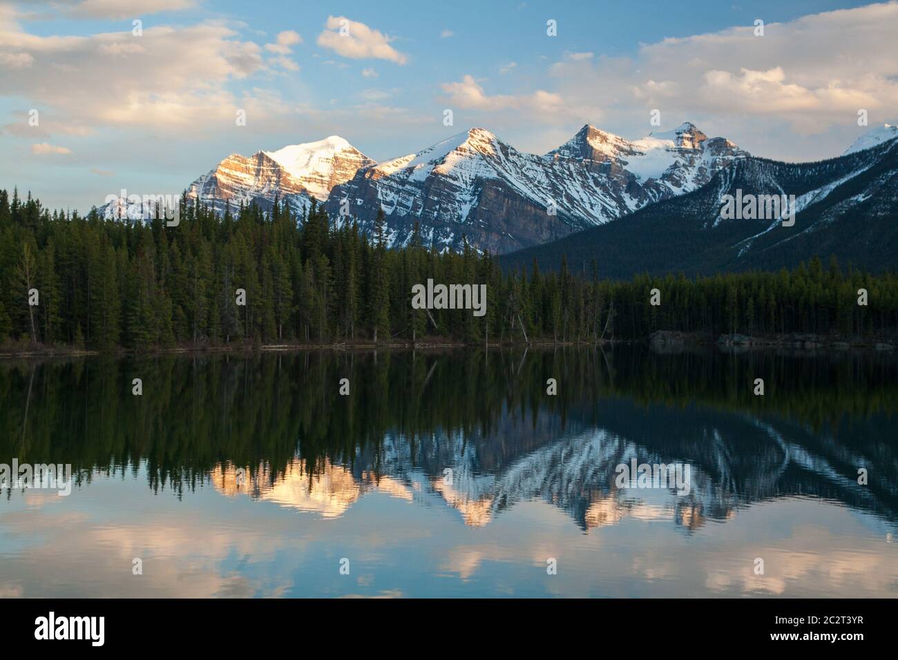 Wonderful reflections on water of Herbert lake at sunset, along ...