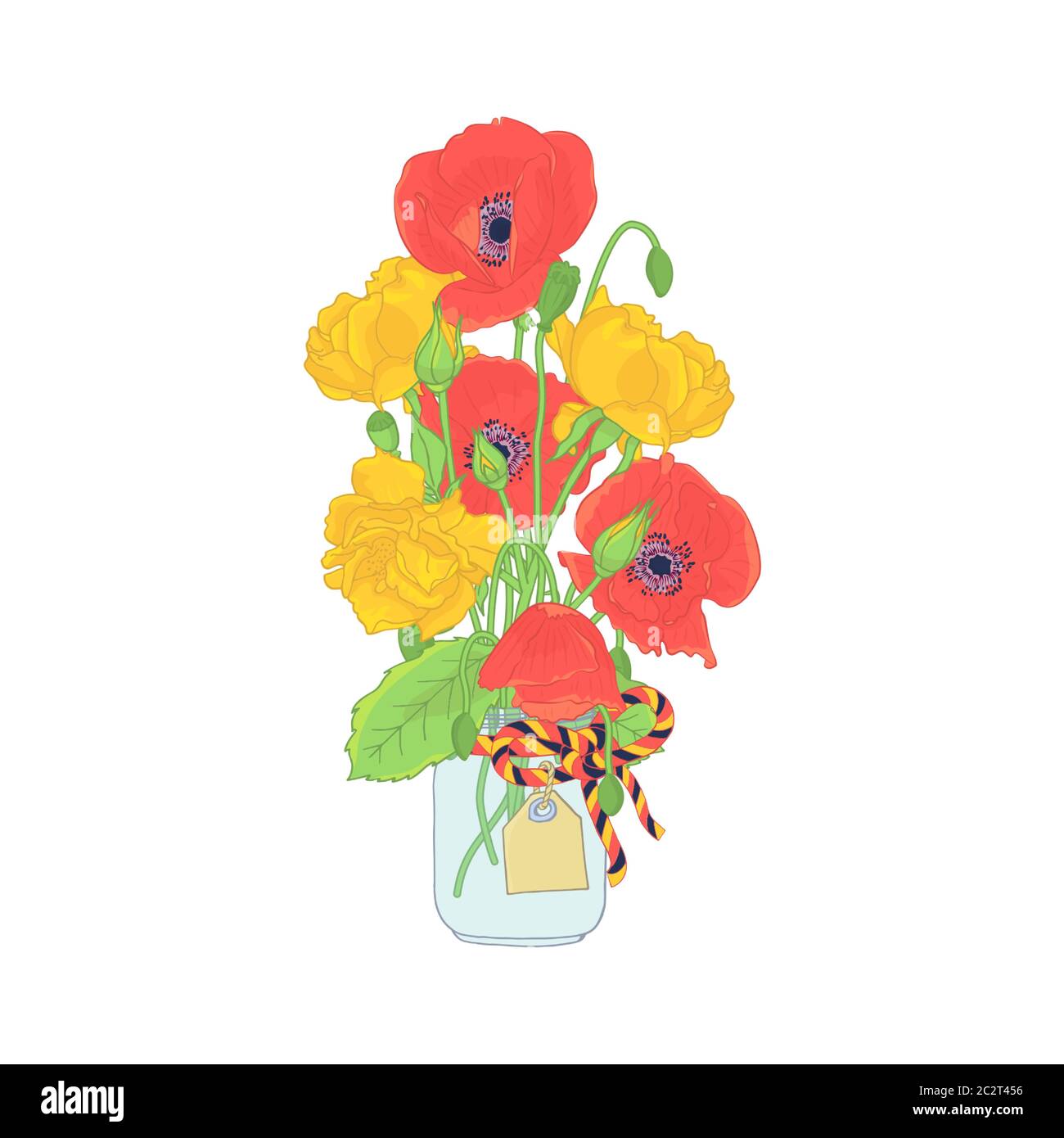 Hand drawn rose and poppy flowers in mason jar clipart. Floral design ...