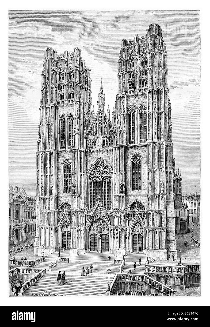 St. Michael and St. Gudula Cathedral in Brussels, Belgium, drawing by ...