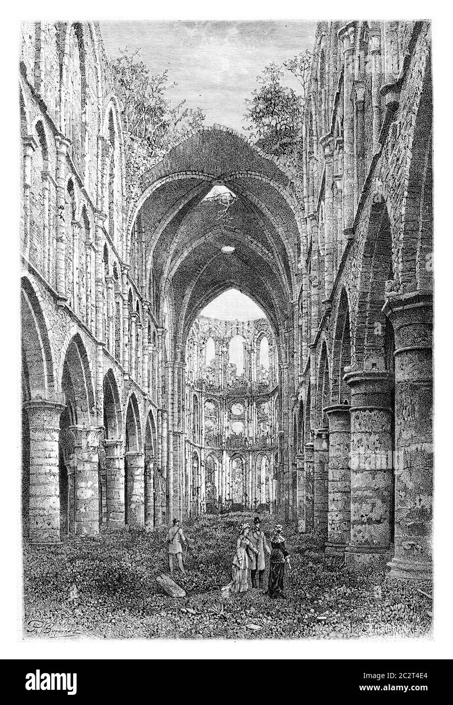 Villers Abbey Ruins in Wallonia, Belgium, drawing by Benoist based on a ...