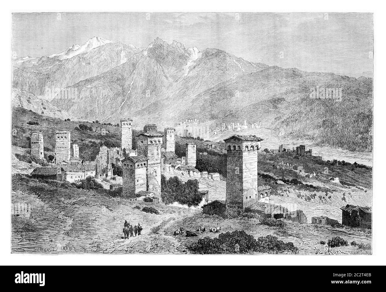 Towers of Svaneti in Svaneti, Georgia, drawing by Laurens based on a ...