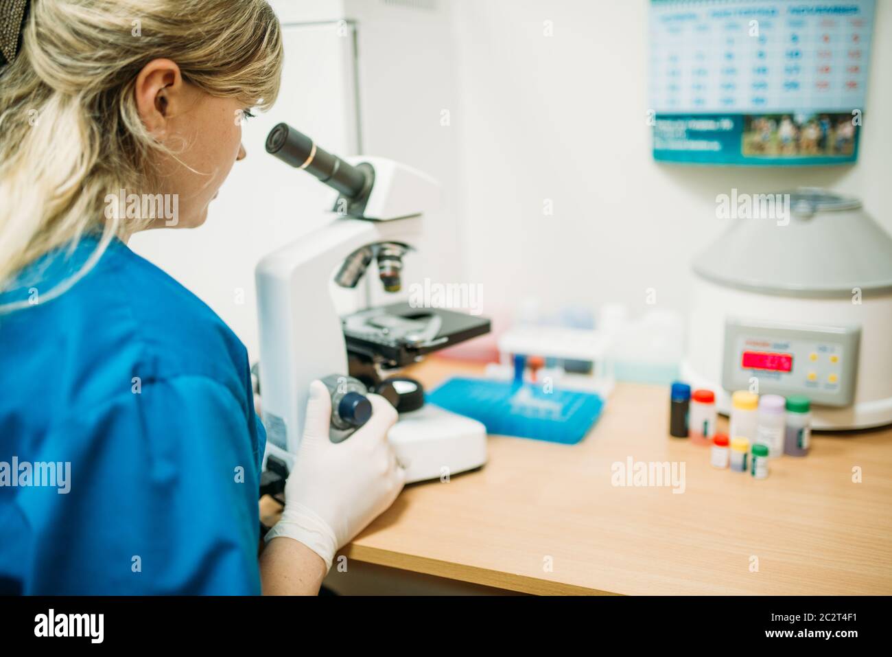 Specialist in uniform looks through a microscope at the samples of ...