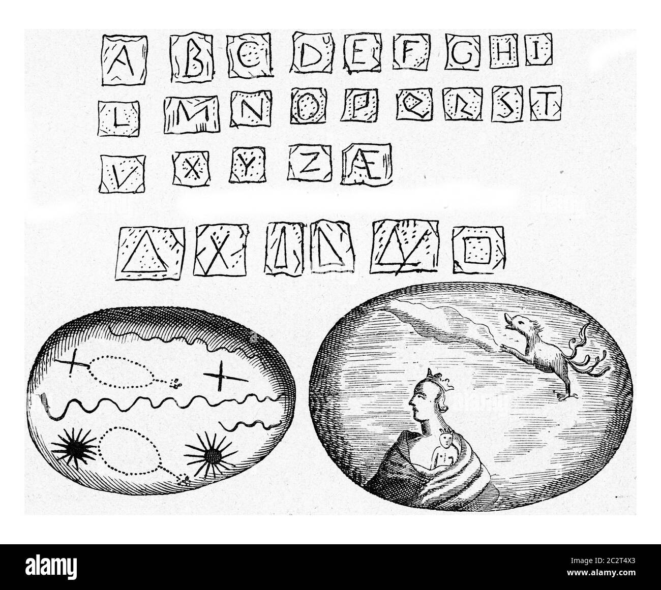 Strange drawings on stones, vintage engraved illustration. From the ...