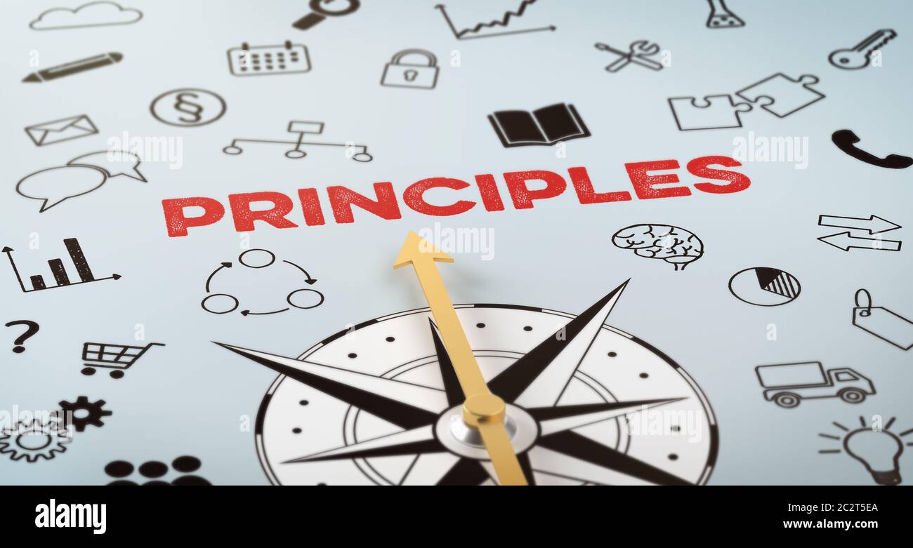 A compass with text and icons - Principles Stock Photo - Alamy