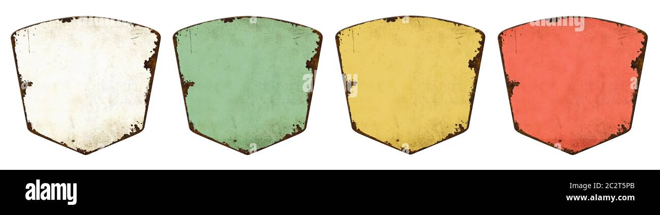 Four empty vintage tin signs on a white background Stock Photo - Alamy