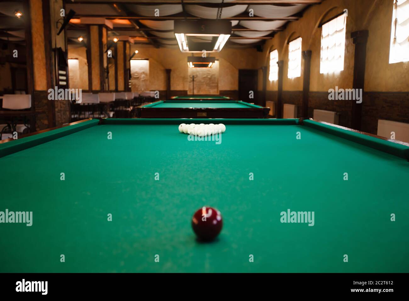 Billiard table with balls prepared for play Stock Photo - Alamy